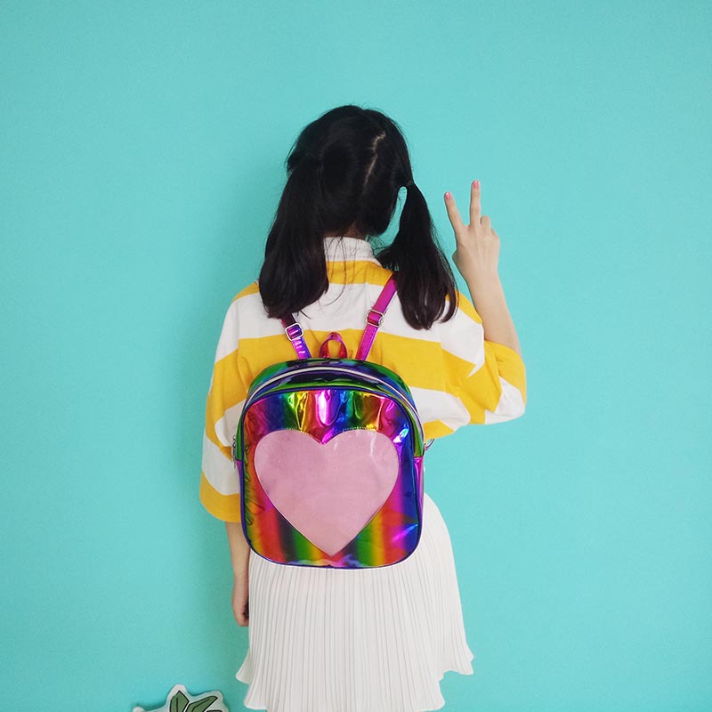 Fashion Laser Love Shape Children Backpack Cute Rainbow Student ...