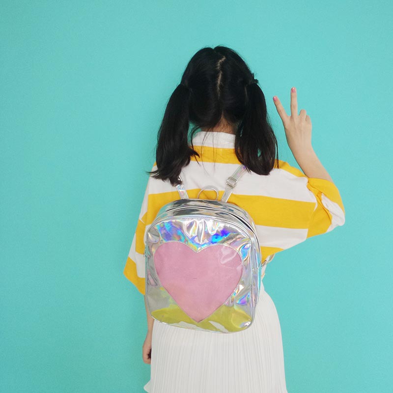 Fashion Laser Love Shape Children Backpack Cute Rainbow Student ...