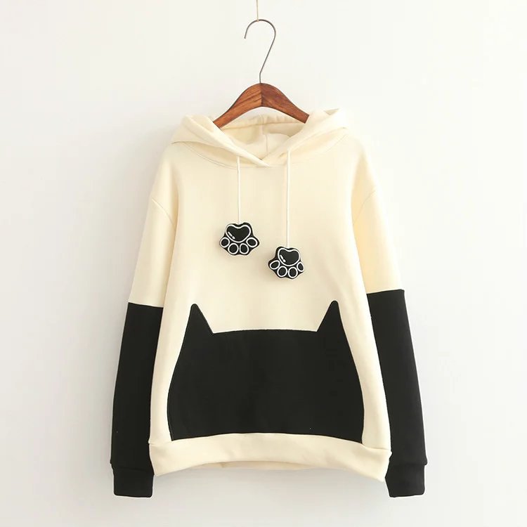 Women Lovely Cat Ear Loose Sweater Long Sleeve Bow Hooded Sweatshirt on ...