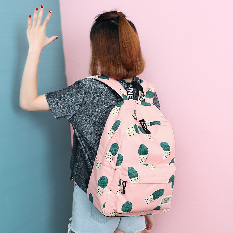 Women Lovely Plant Printing Canvas Backpack Student Shoulder Bag Pink ...